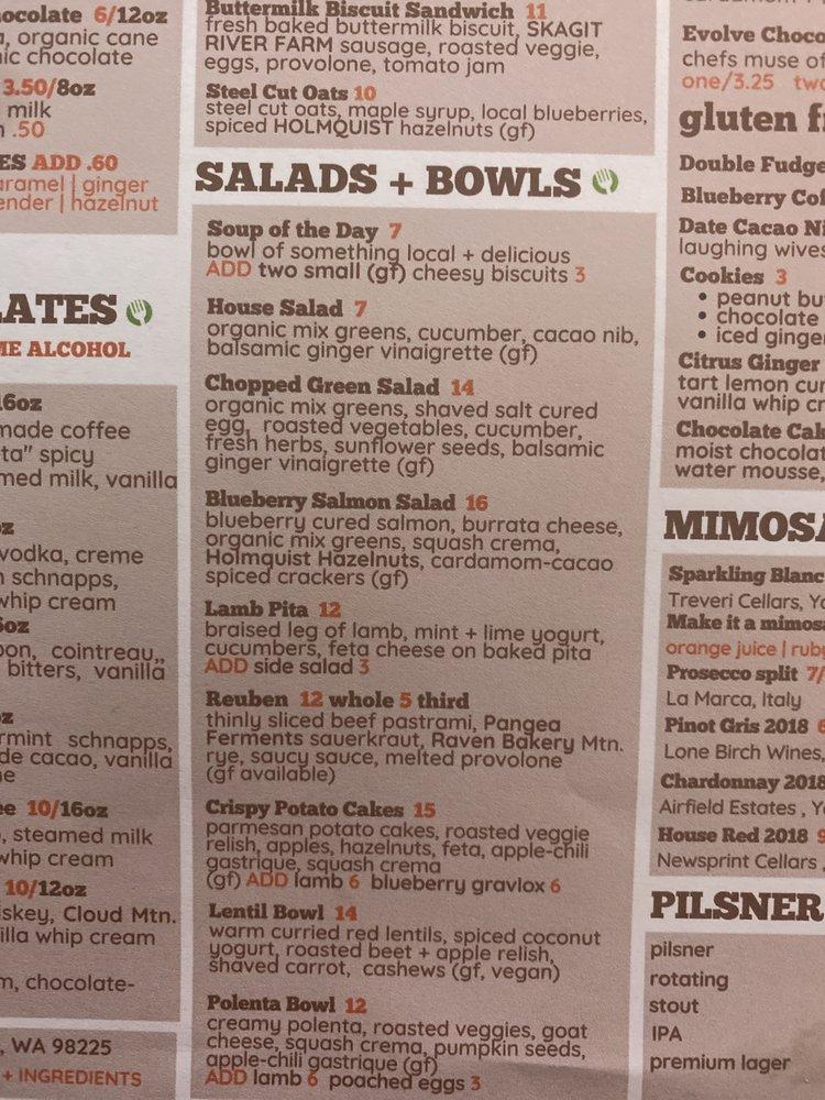 Menu at Evolve Chocolate + Cafe, Bellingham