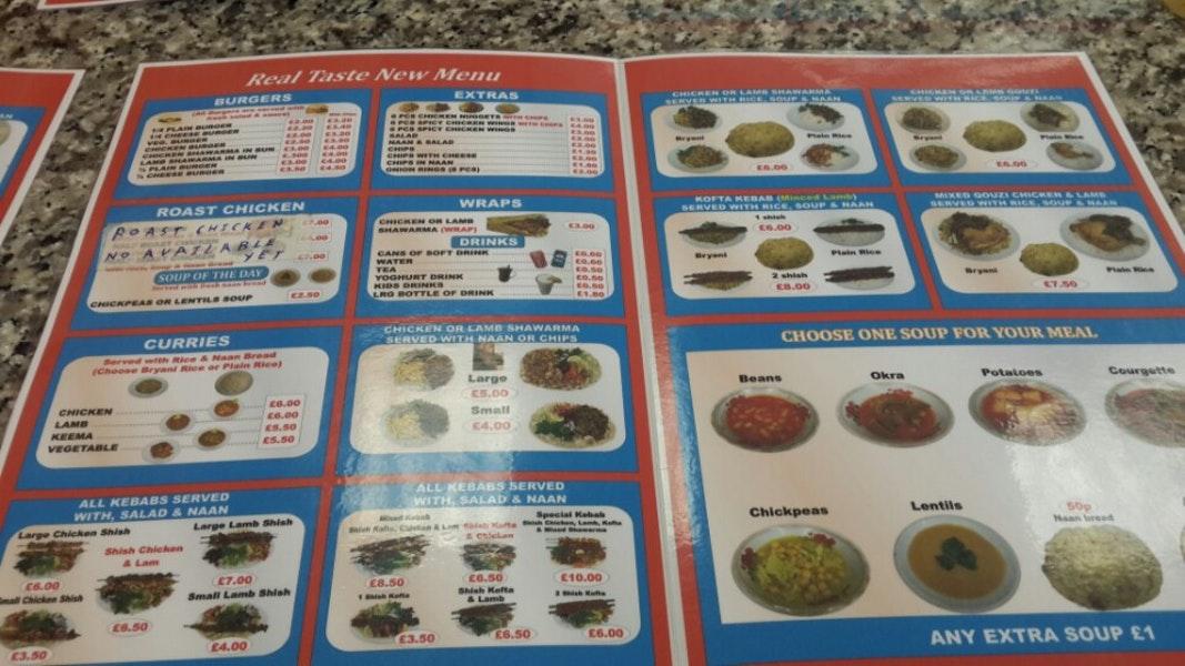 Menu at Real Taste fast food, Liverpool, 56 London Road