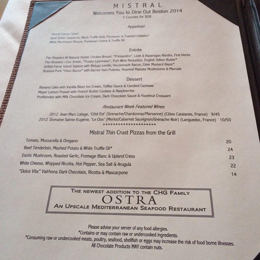 Menu at Mistral restaurant, Boston