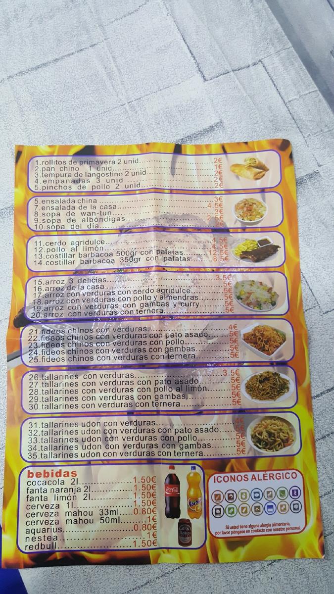 Menu at COMIDA CHINA restaurant, Parla