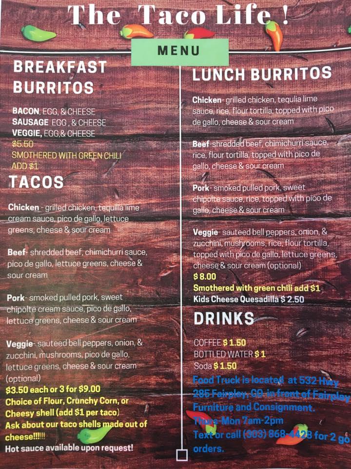Menu at The Taco Life restaurant, Fairplay