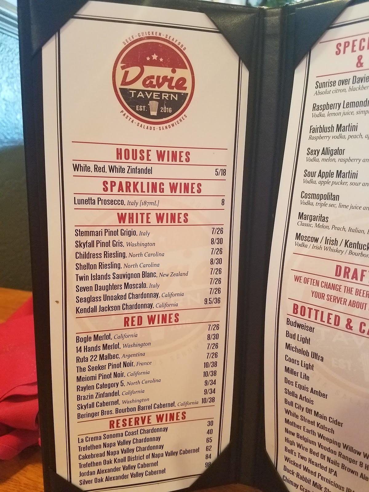 Menu at Davie Tavern pub & bar, Bermuda Run