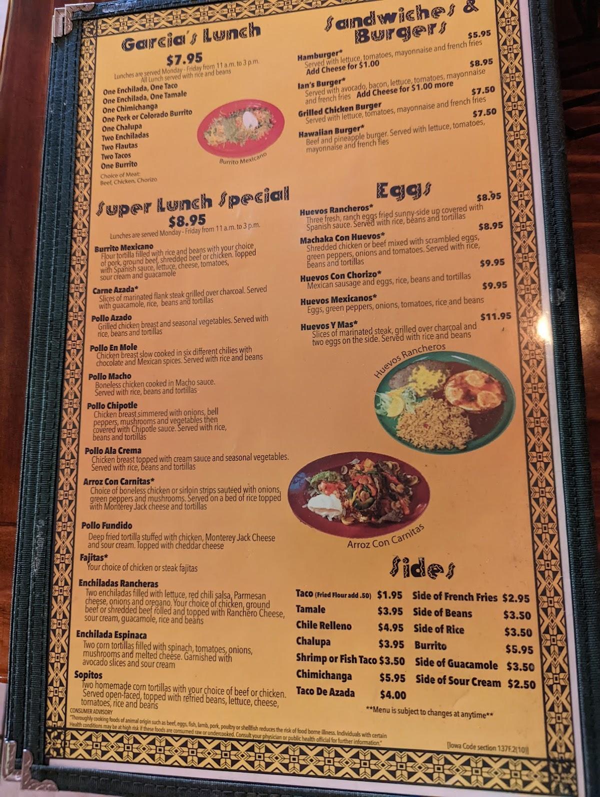 Menu at Garcia's Family Restaurant, Underwood