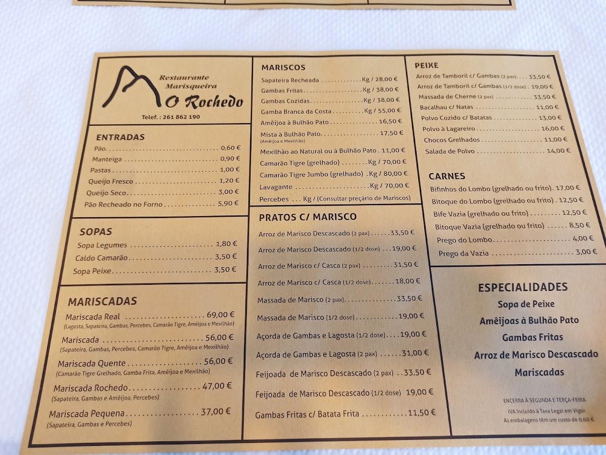 Carta del restaurante O Rochedo, Santo Isidoro