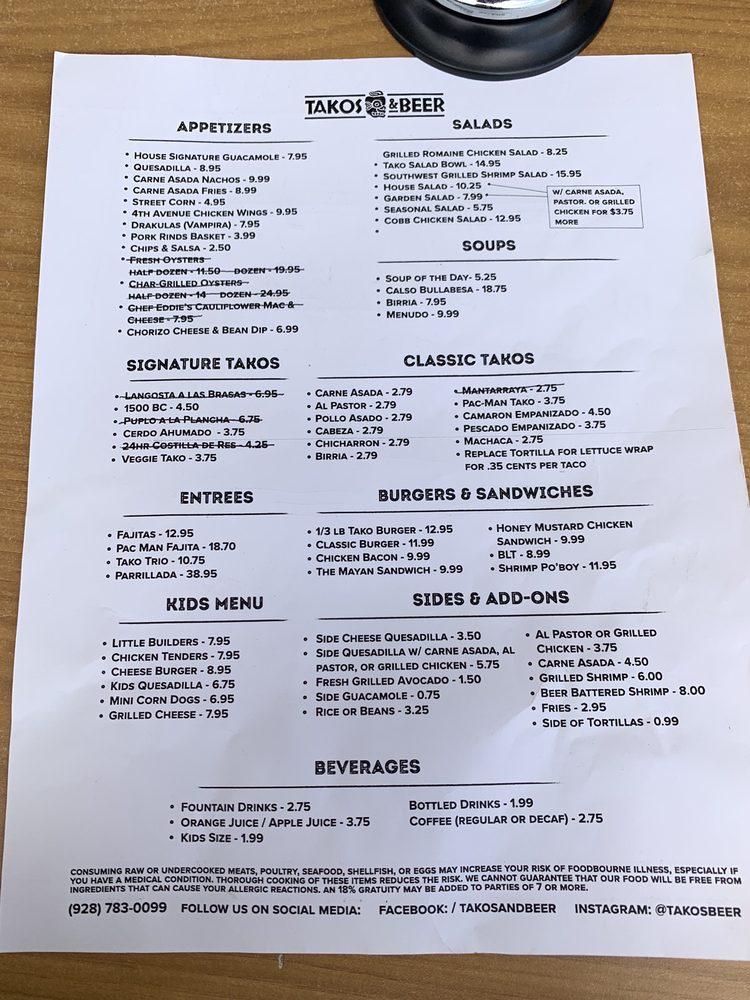 Menu at Takos and Beer restaurant, Yuma
