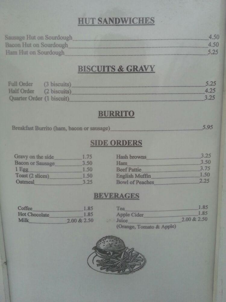 Menu at Burger Hut cafe, Hubbard