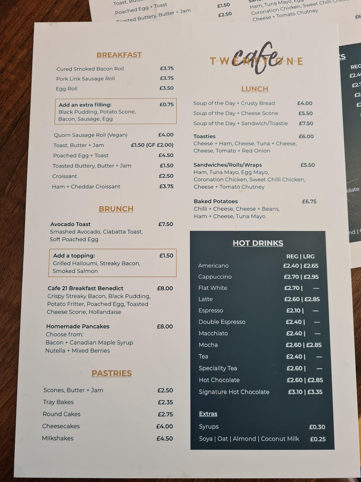 Menu at Cafe Twenty One, Aberdeen