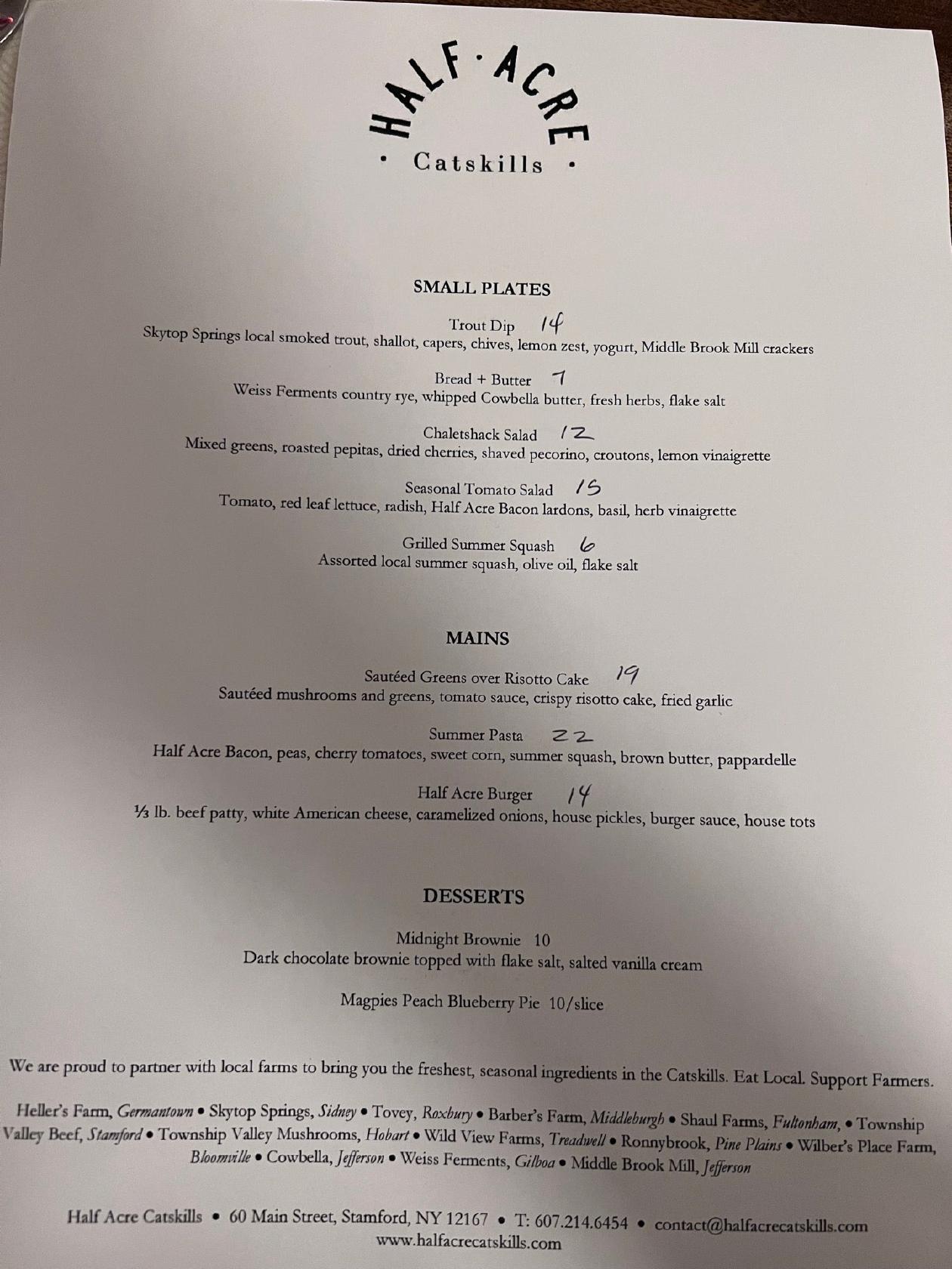 Menu at Half Acre restaurant, Stamford