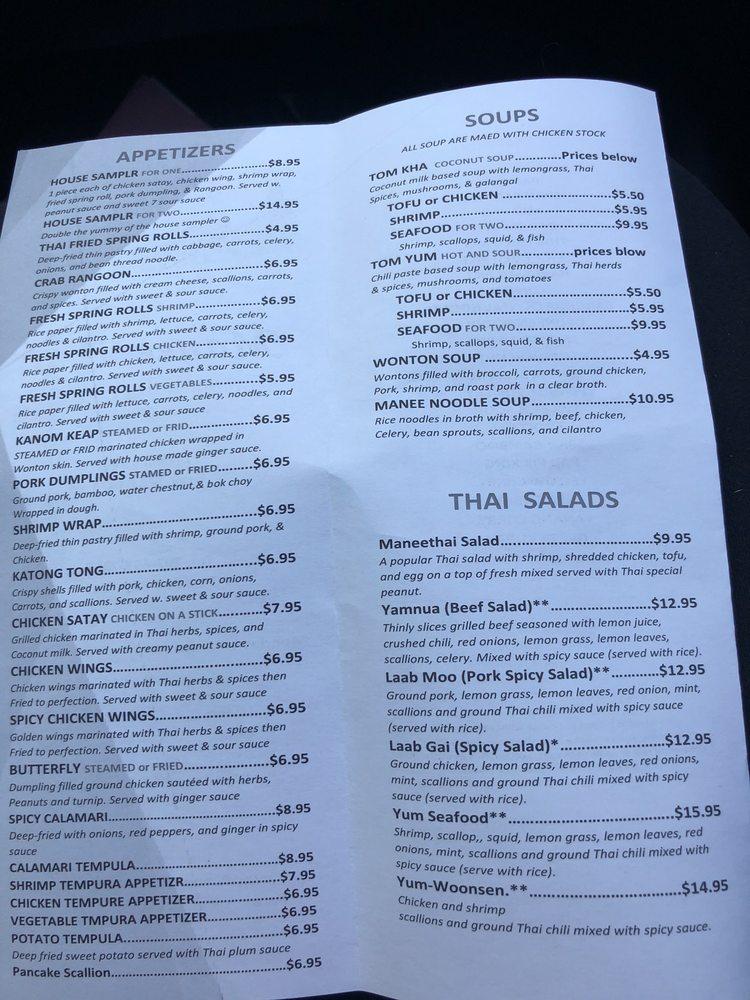 Menu at Manee Thai restaurant, Gray