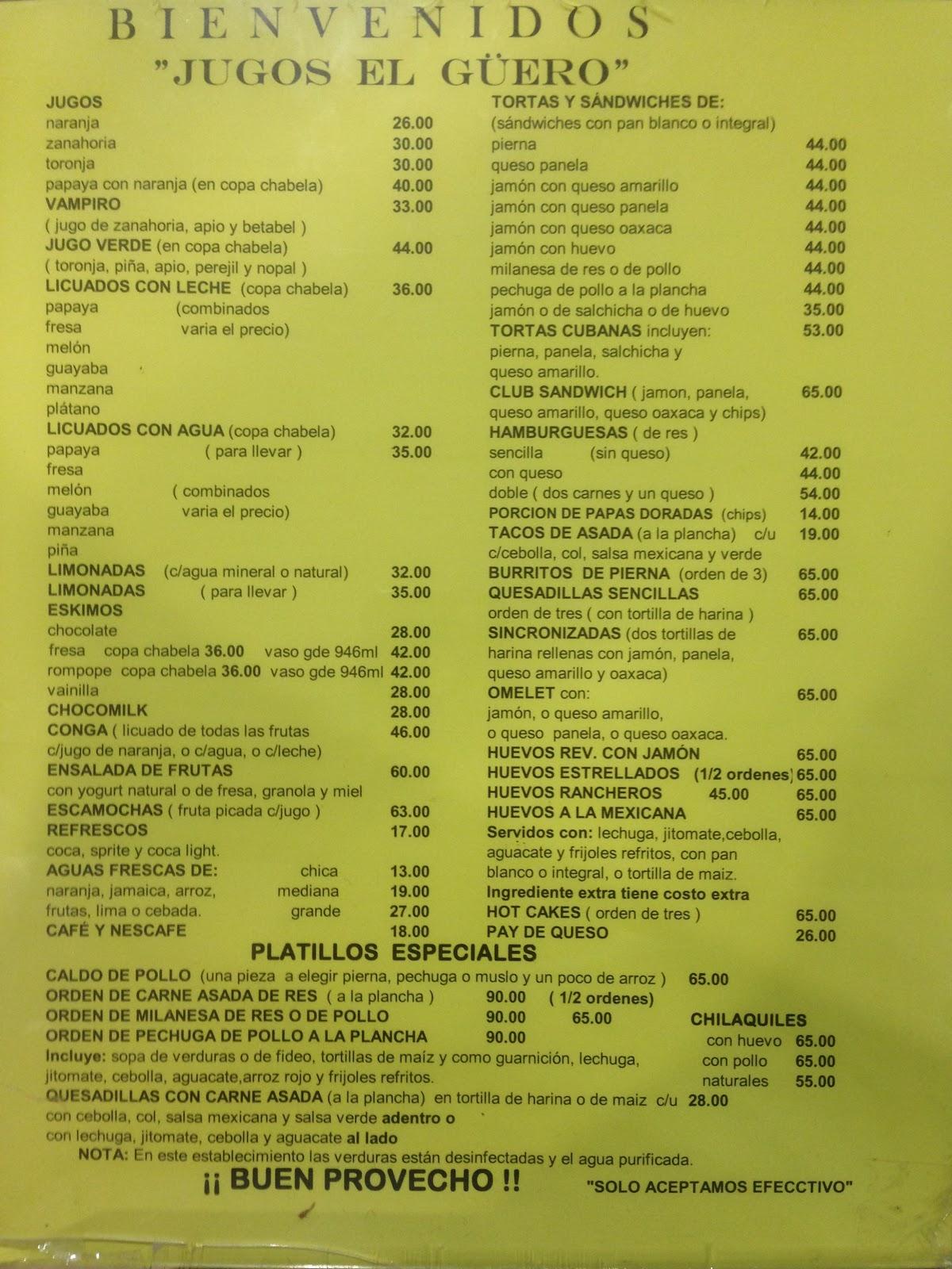 Menu at Jugos El Güero restaurant, Puerto Vallarta