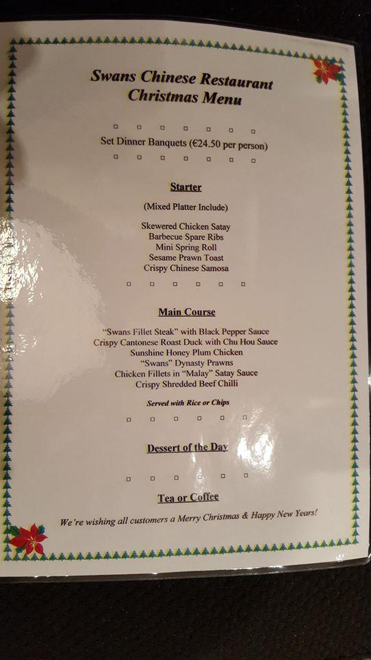 Menu at Swans Chinese Restaurant, Kilkenny