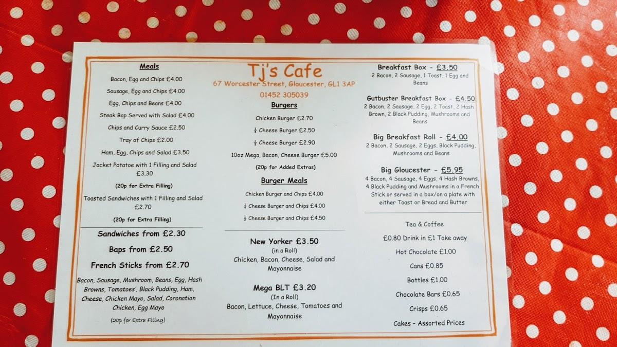 Menu at T J's fast food, Gloucester