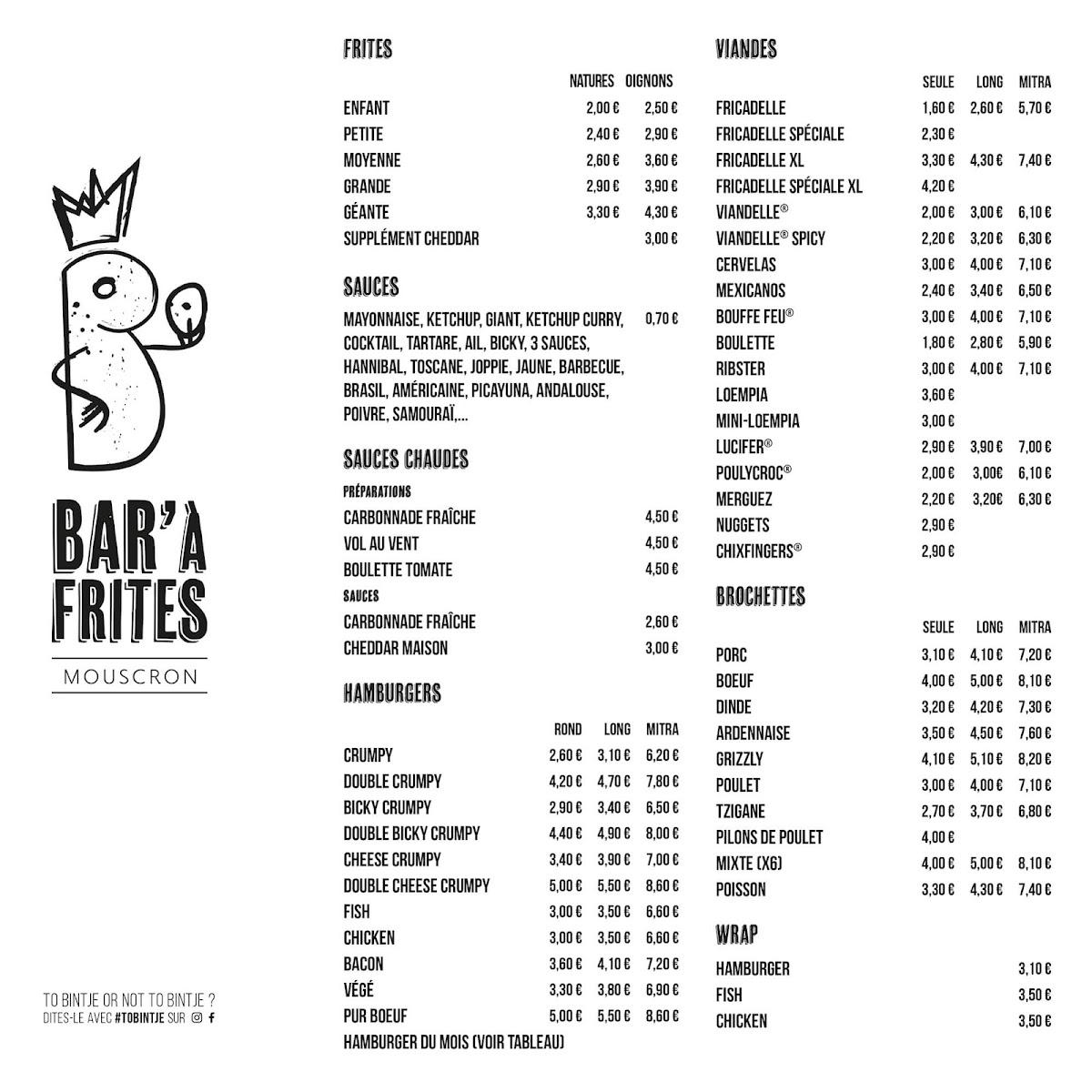 Carta de Bar'à frites, Mouscron