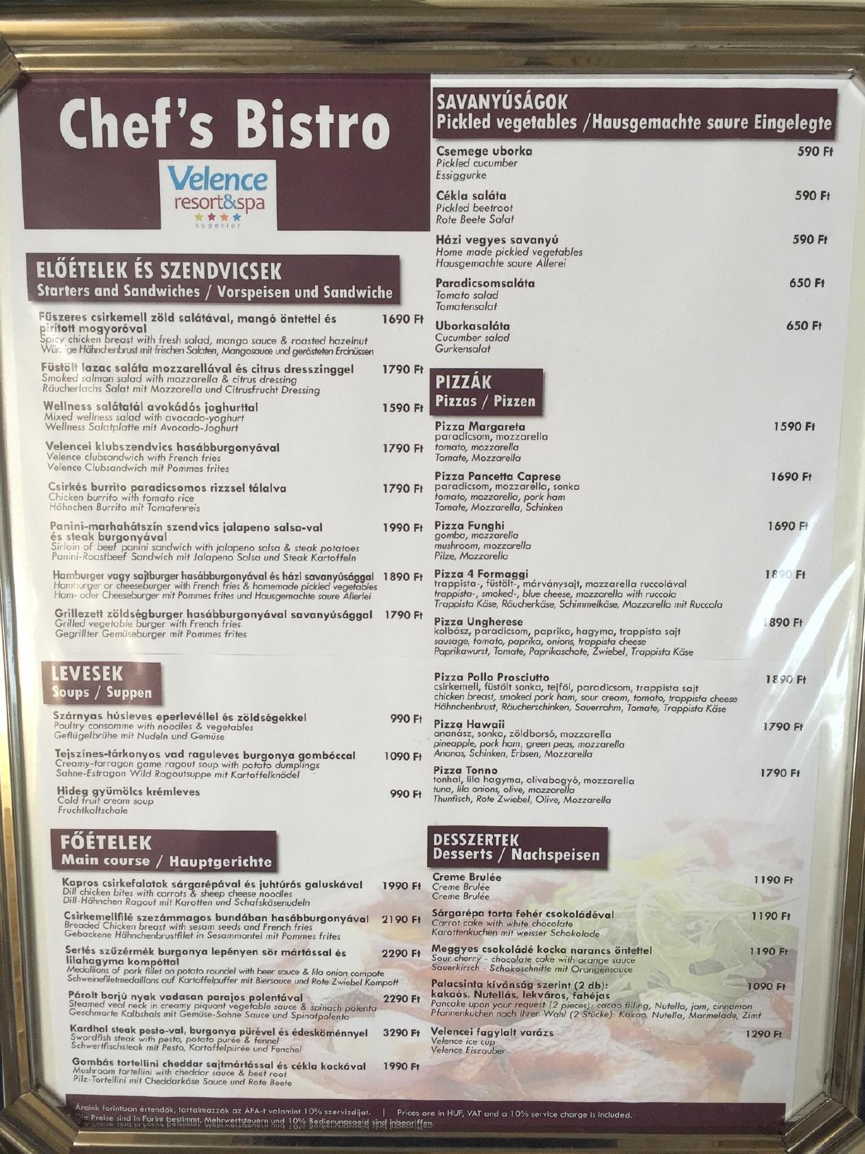 Menu at Chef's Bistro cafe, Velence