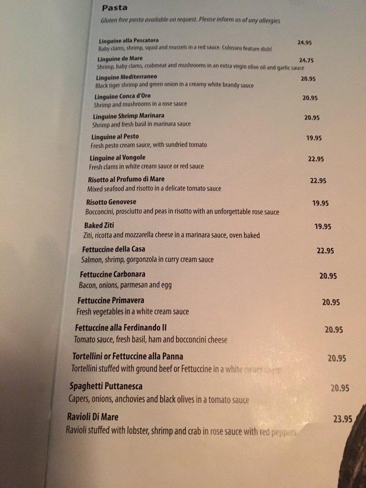 Menu at Colosseo Ristorante Italiano pizzeria, Winnipeg
