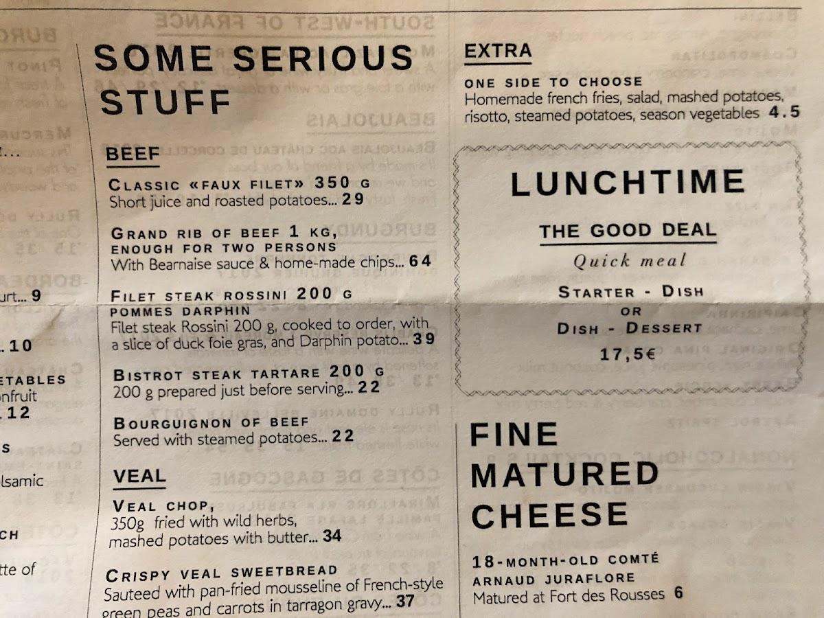 Menu at L'Escargot restaurant, Paris, 38 Rue Montorgueil