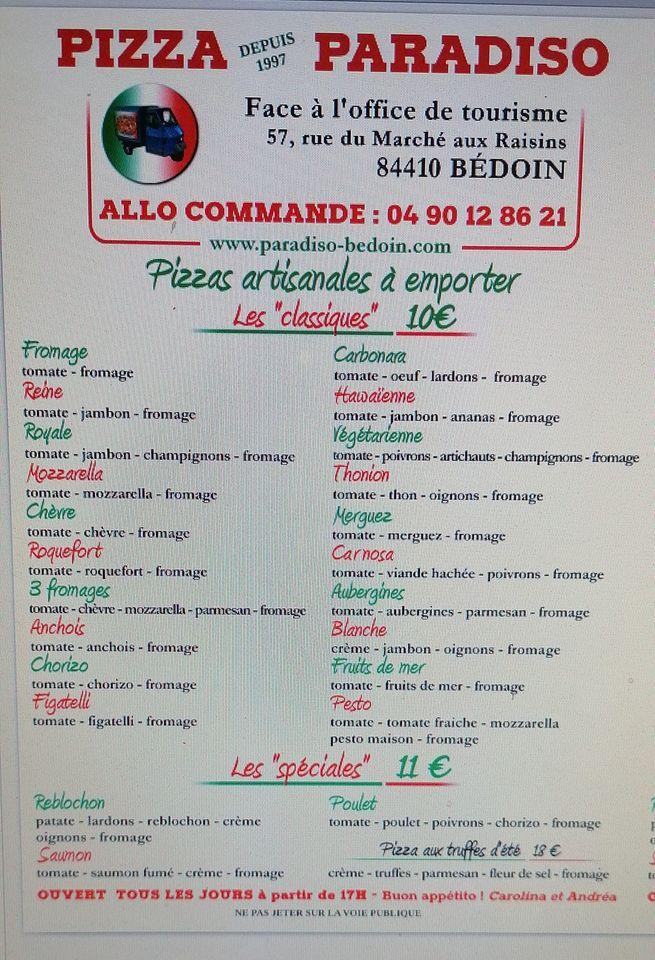 Menu at Pizza Paradiso pizzeria, Bédoin