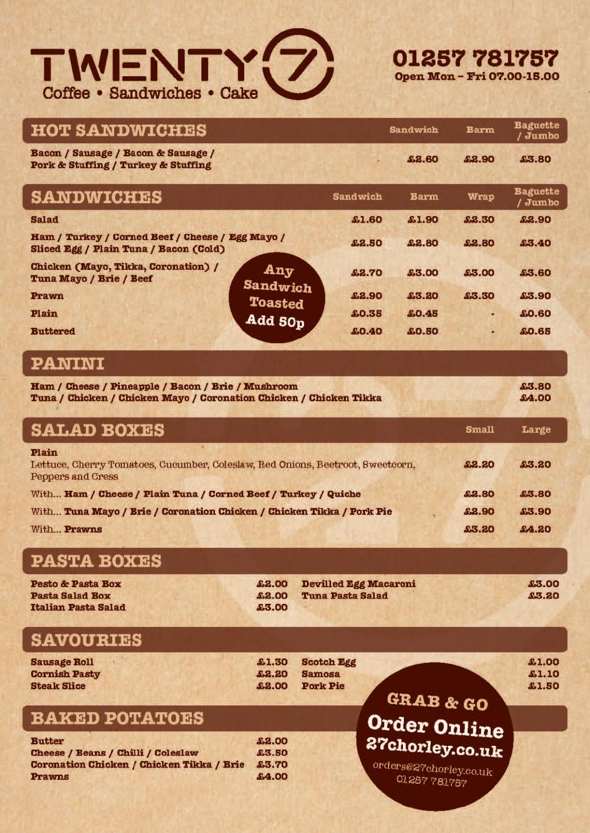 Menu at Twenty Seven, Chorley