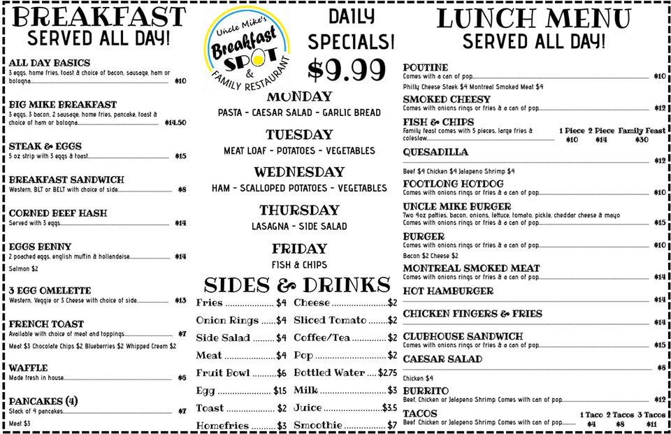 Menu at Uncle Mike's Family Restaurant, Summerside