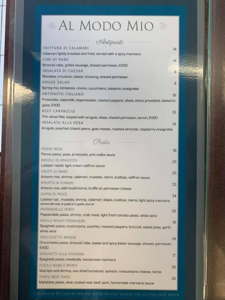 Menu at Al Modo Mio restaurant, Lavallette