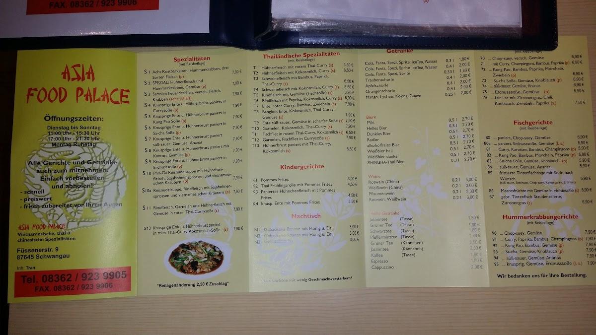 Speisekarte von Asia Food Palace restaurant, Schwangau