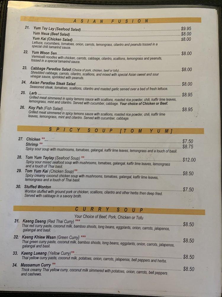 Menu at Asian Paradise Restaurant, Farmersville