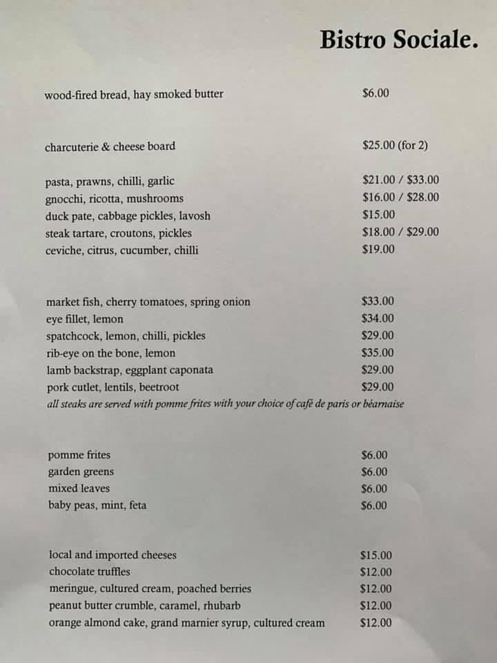 Menu at Bistro Sociale pub & bar, Bowral