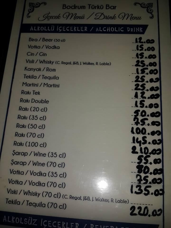 Menu at Bodrum Türkü Bar, Torba Mahallesi