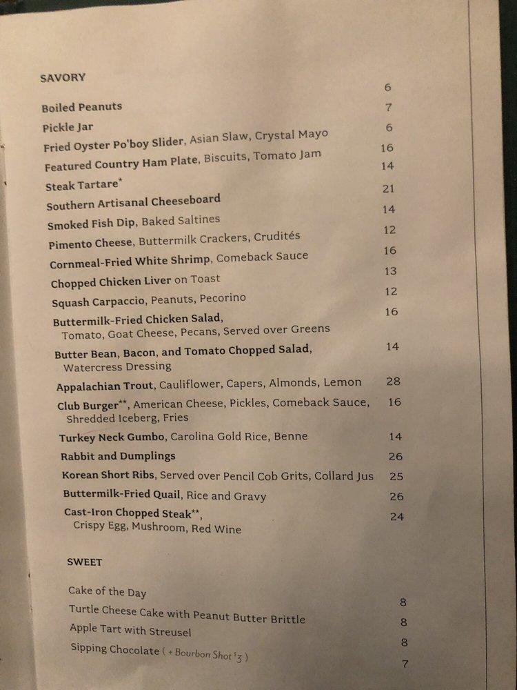 Menu at Garden & Gun Club, Atlanta
