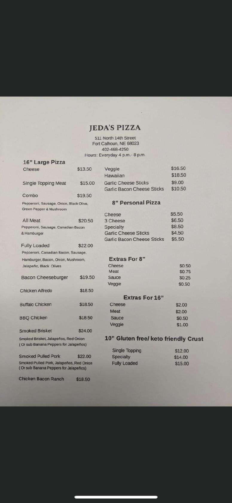 Menu at Jeda's Pizza & BBQ, Fort Calhoun