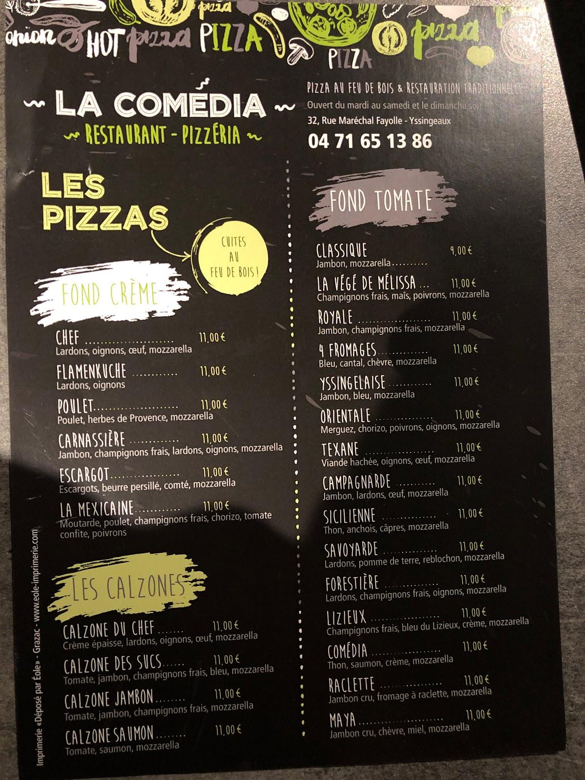 Menu at La Comedia restaurant, Yssingeaux