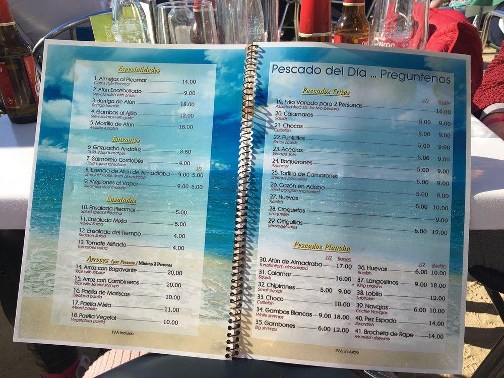 Carta del restaurante Chiringuito El Pescador, Zahara del los Atunes
