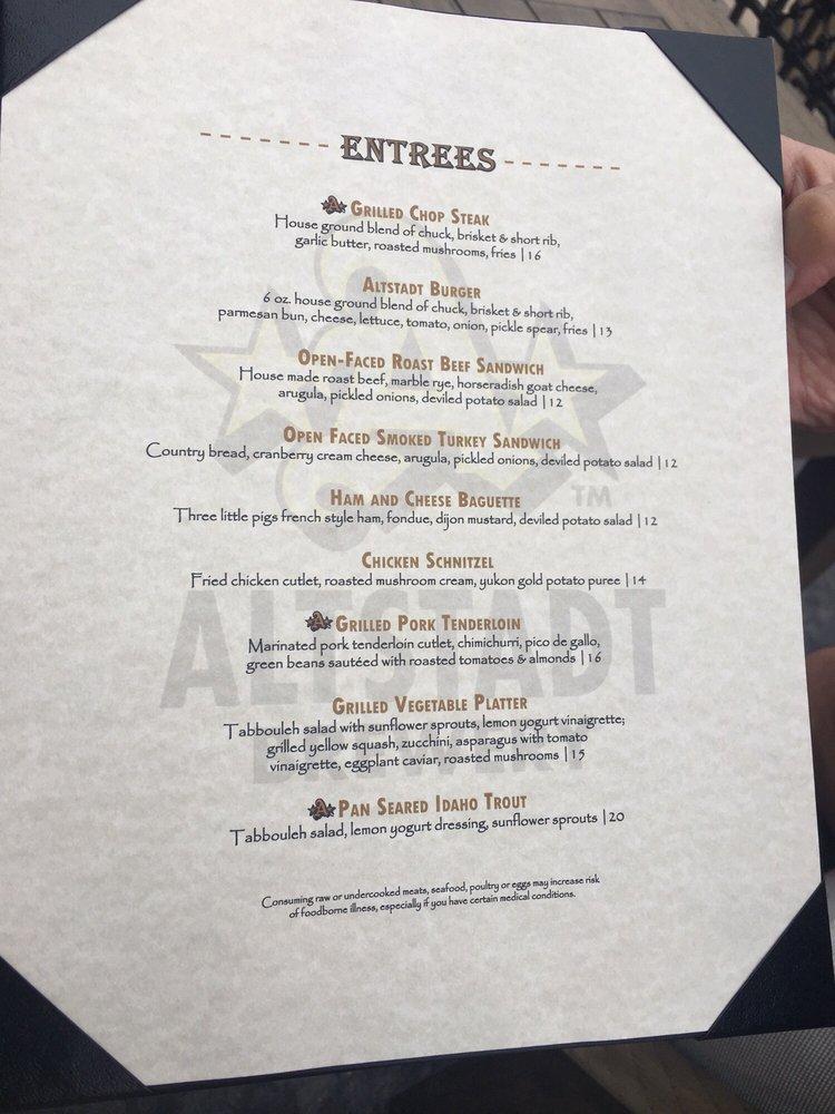 Menu at Altstadt Brewery restaurant, Fredericksburg
