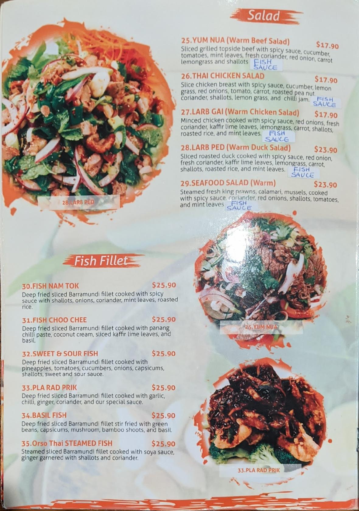 Menu at Orso Thai restaurant, Stanthorpe