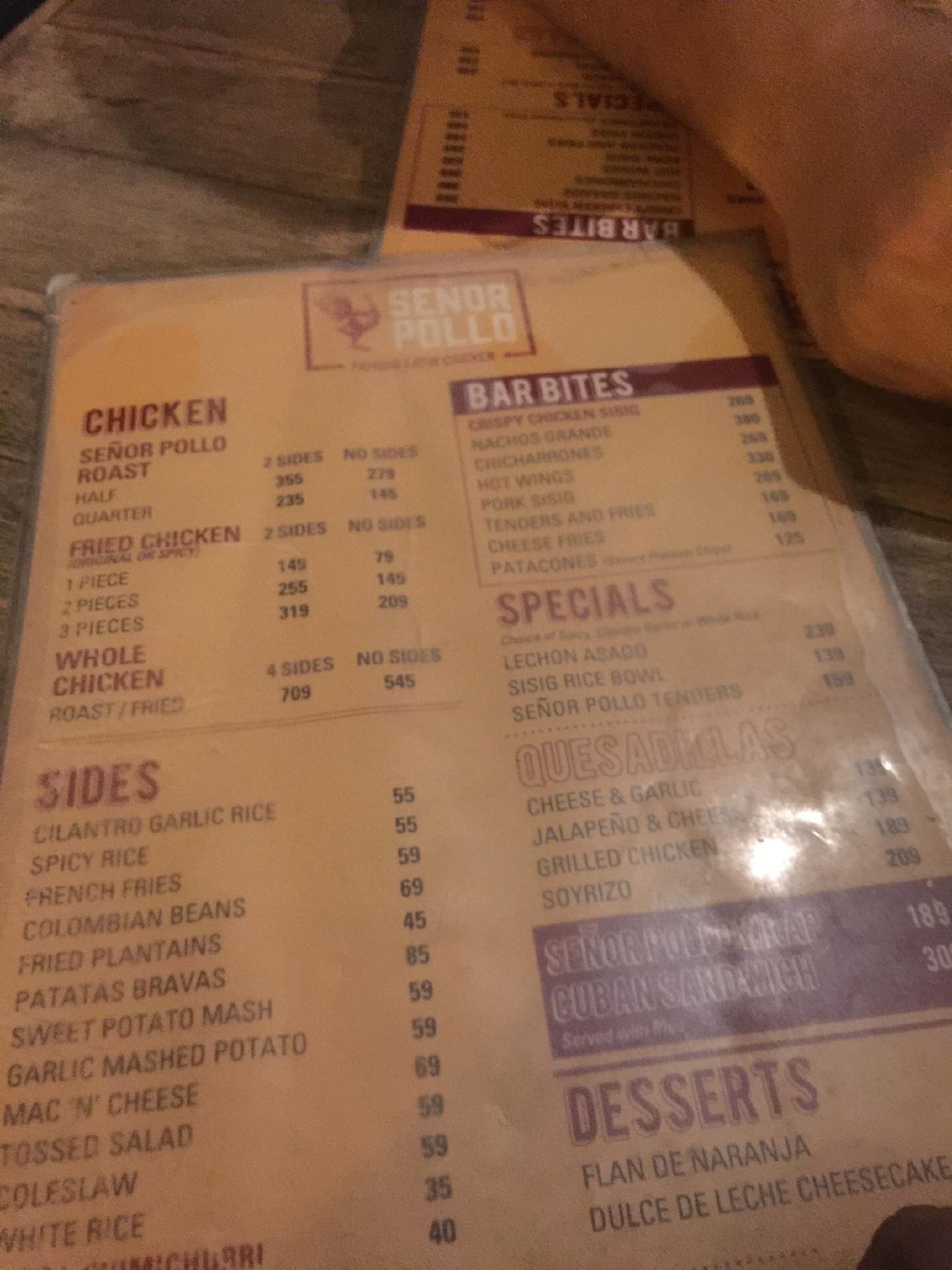 Menu at Señor Pollo restaurant, Makati, Ebro