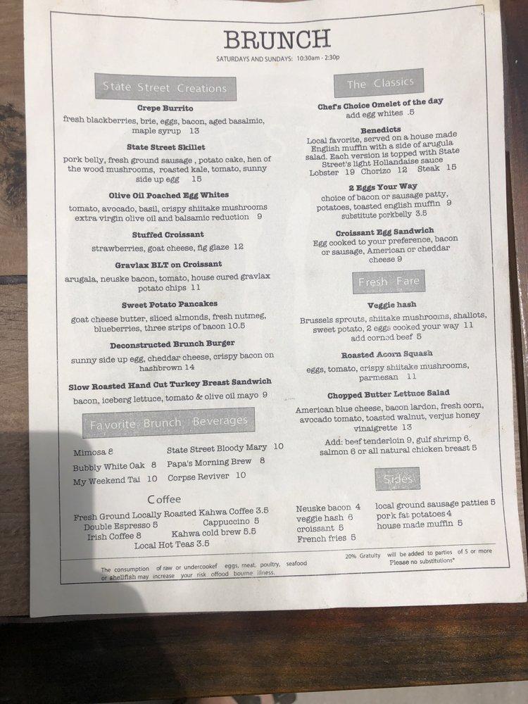 Menu at State Street Eating House + Cocktails pub & bar, Sarasota