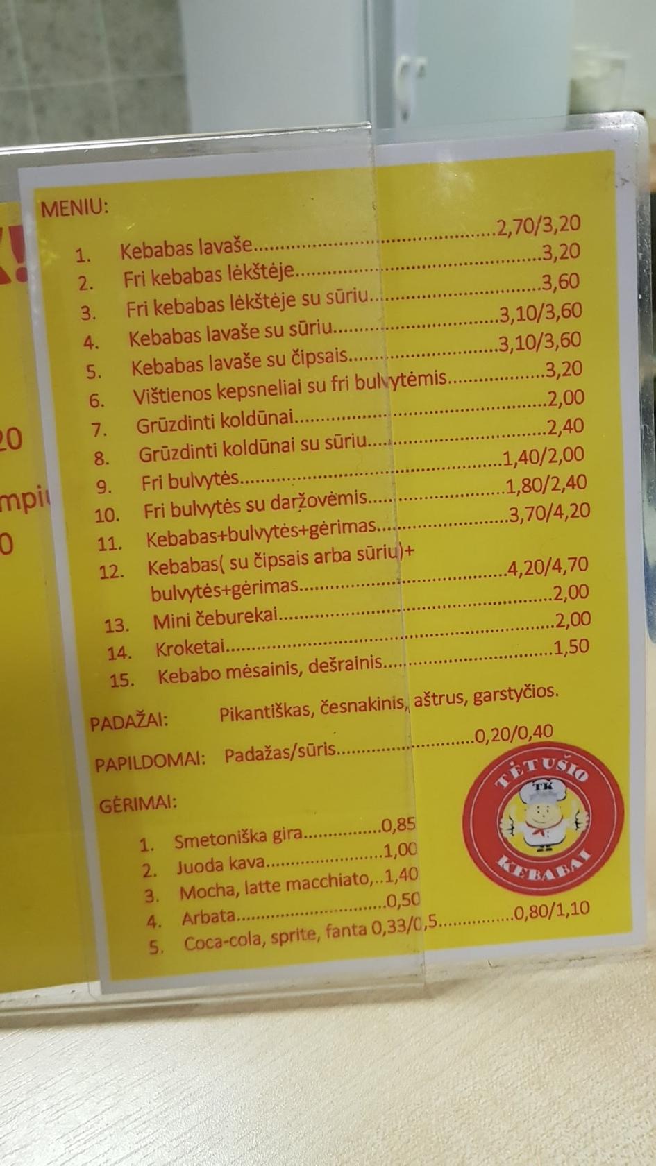 Menu at Tėtušio Kebabai & Pica restaurant, Panevėžys