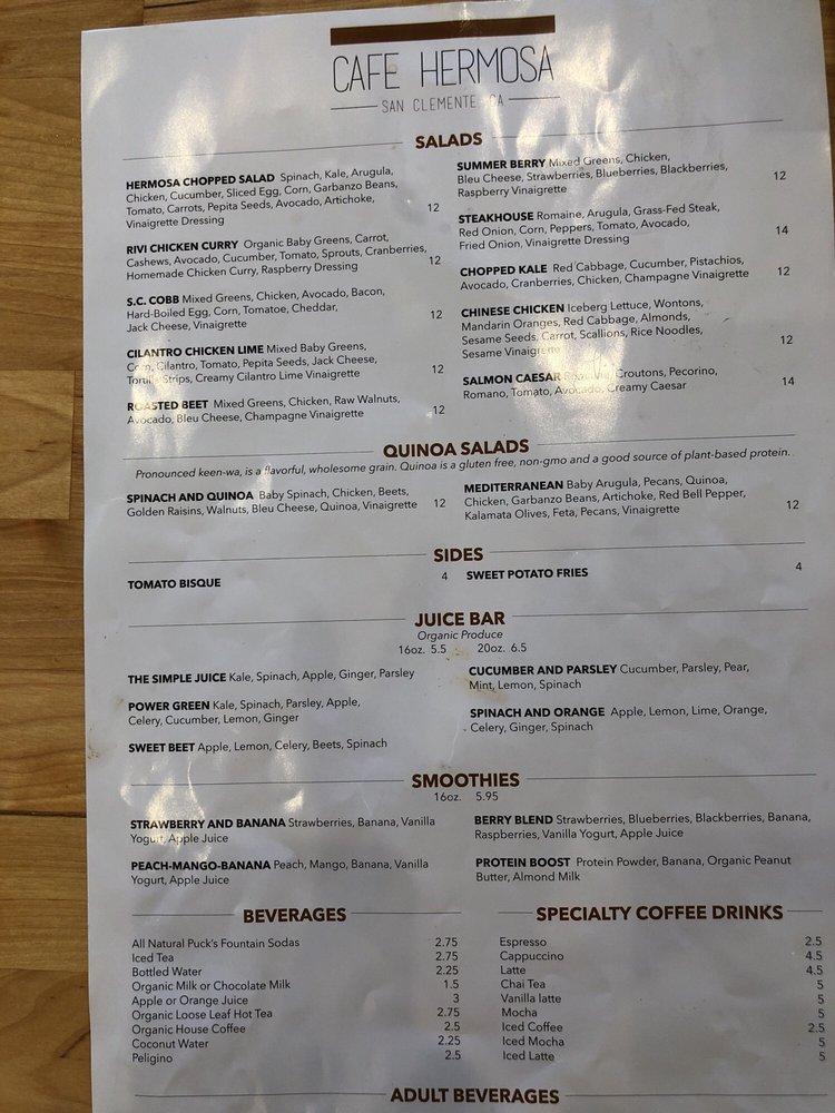 Menu at Cafe Hermosa, San Clemente, 979 Avenida Pico