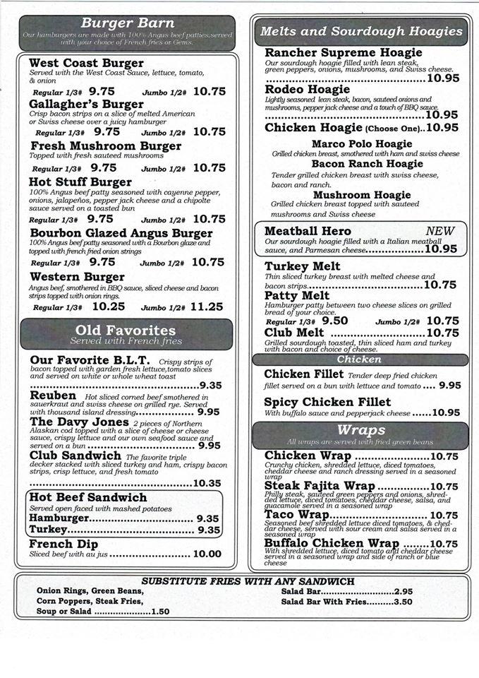 Menu at Gallagher's Game Time Grill restaurant, Miles City