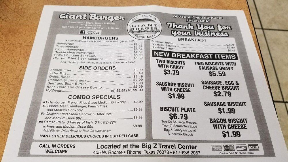 Menu at Giant Burger restaurant, Rhome