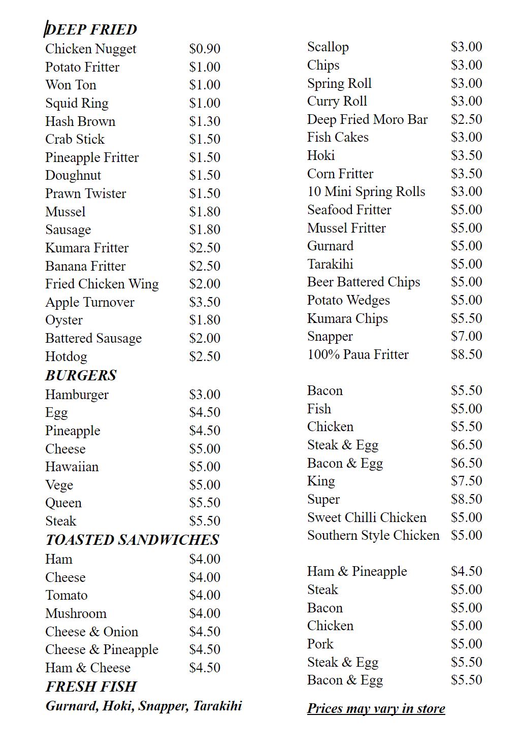 Menu at Jin Wing Takeaways restaurant, Hamilton