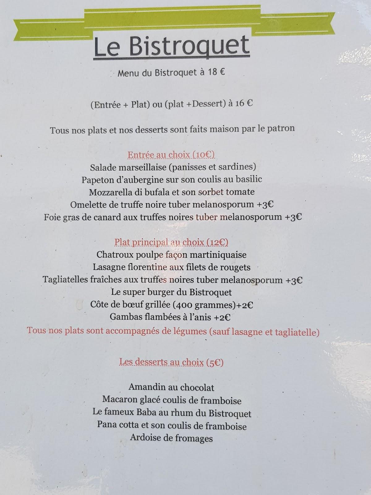 Menu at Le Bistroquet restaurant, Vaison-la-Romaine