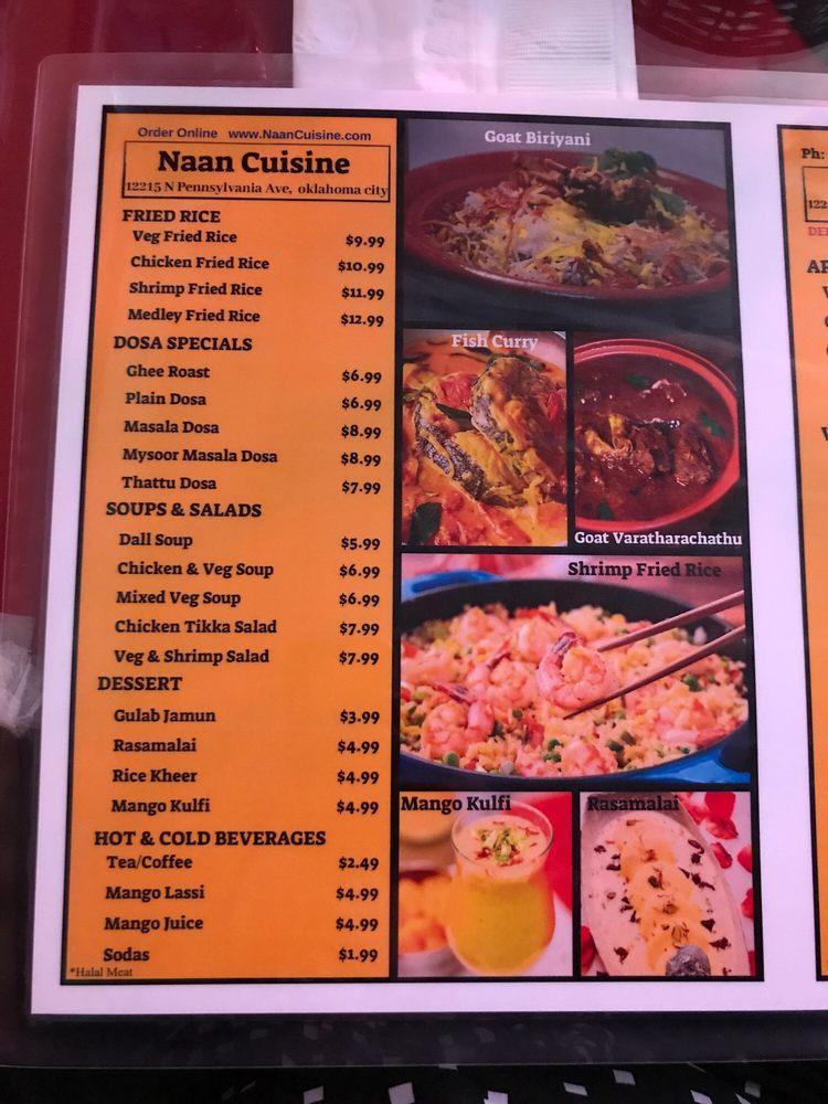 Menu at Naan Cuisine of India restaurant, Oklahoma City