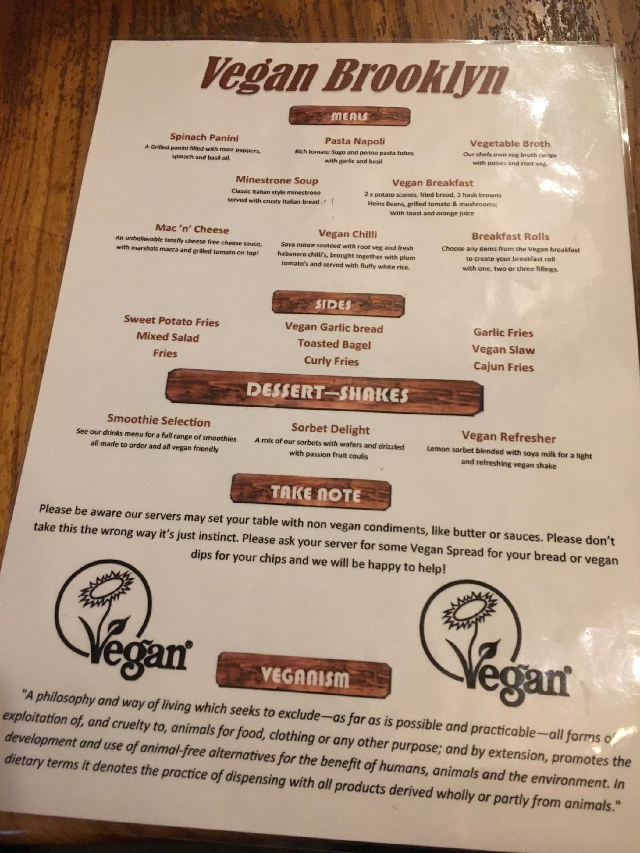 Menu at The Brooklyn Cafe., Glasgow