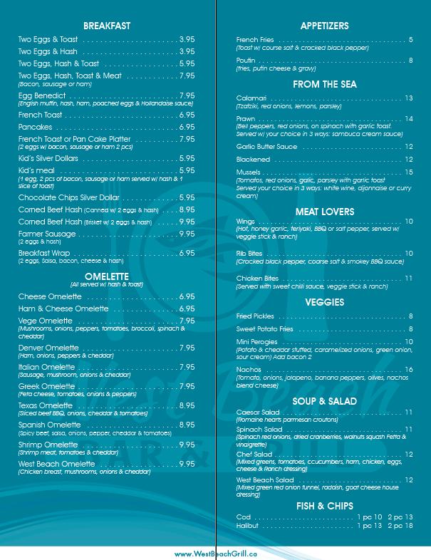 Menu at West Beach Bar & Grill, White Rock