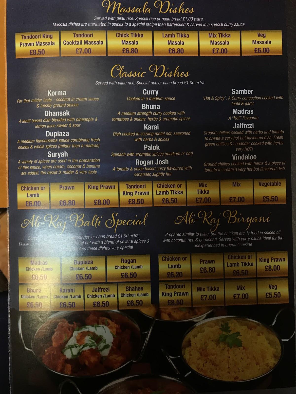 Menu at Ali Raj Indian Takeaway fast food, Blackburn