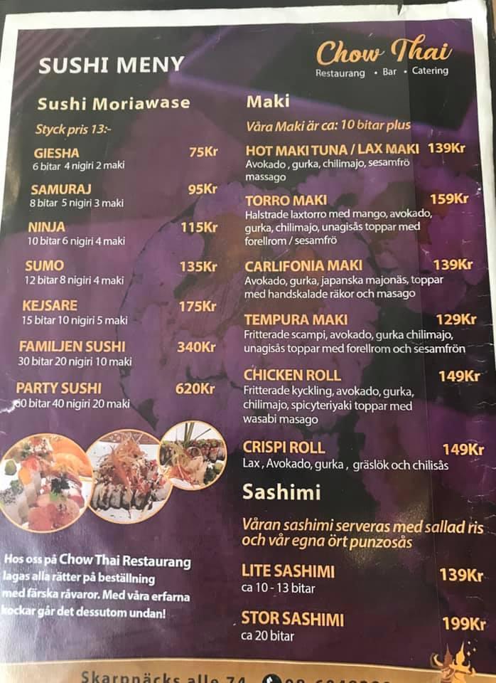 Menu at Chow Thai restaurant, Stockholm