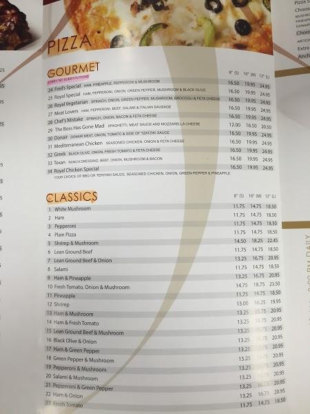 Menu at Royal Pizza restaurant, Edmonton, 90 Ave NW