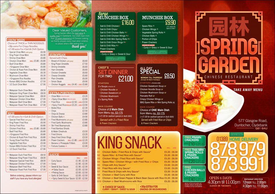 Menu at Spring Garden restaurant, Glasgow