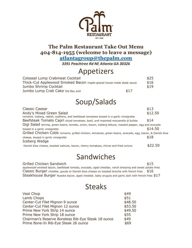 Menu at The Palm - Atlanta steakhouse, Atlanta